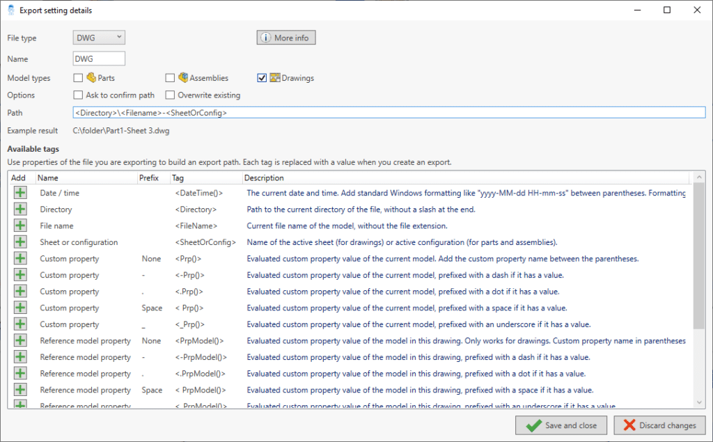 Smart export - use custom properties, sheet names, dates - CAD Booster